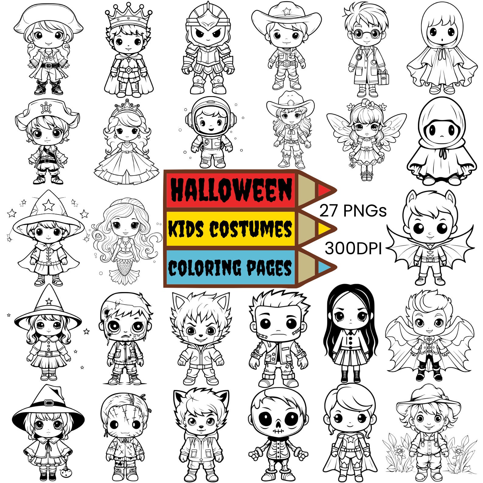 Halloween Costumes Kids Coloring Pages Clipart Bundle Cute Kawaii ...