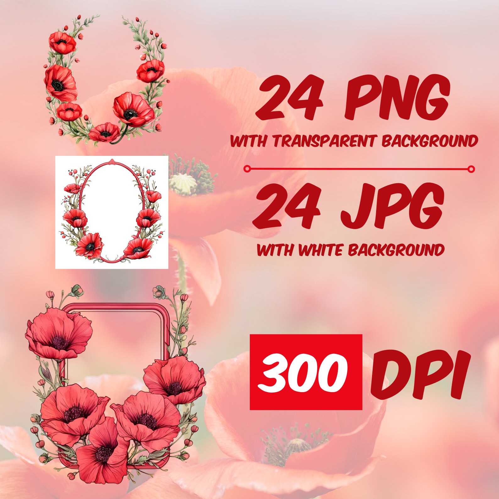 Poppy Floral Frames Clipart Bundle Watercolor Red Poppies Wreath ...