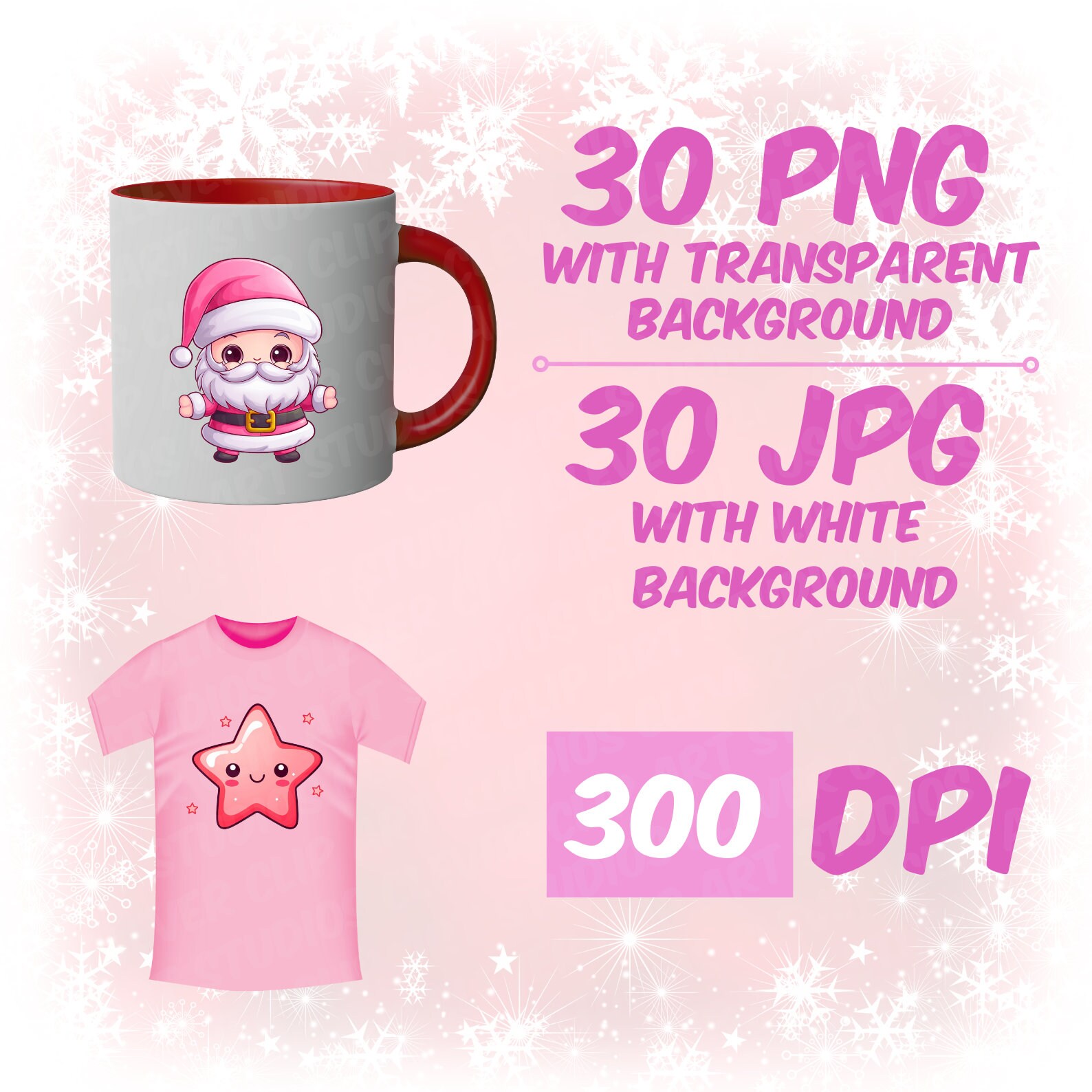 Pink Kawaii Christmas Clipart Bundle Cute Pink Christmas Transparent ...