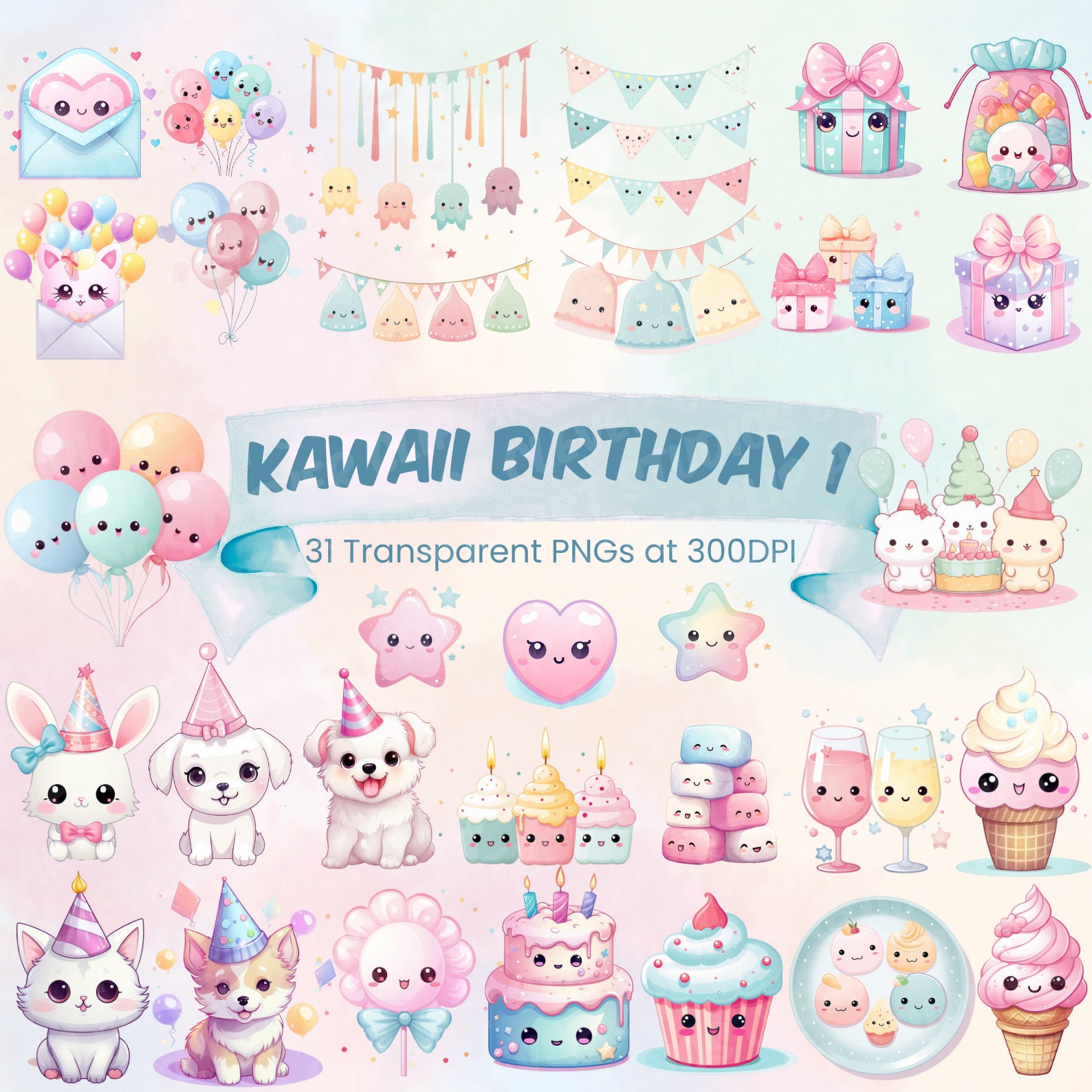 Pastel Kawaii Birthday Clipart Cute Kawaii PNG Bundle Kawaii ...