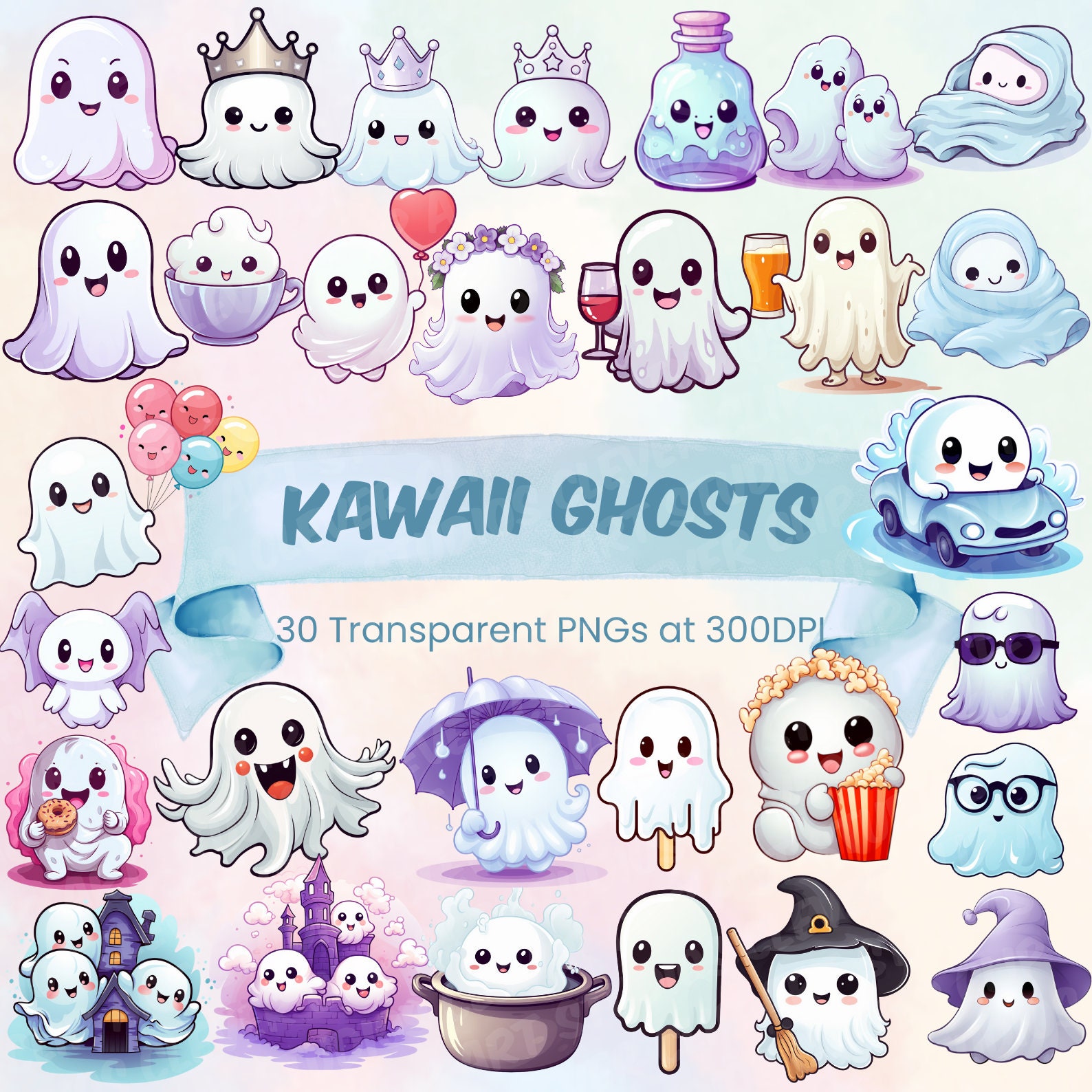 Kawaii Ghosts Cute Halloween Clipart Bundle Digital Halloween Kawaii ...