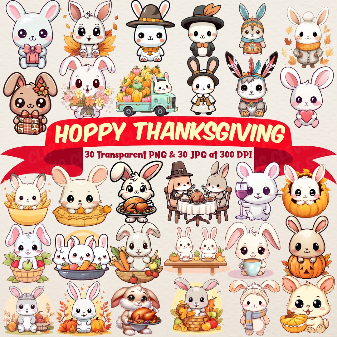 Cute Thanksgiving Bunny Clipart Bundle Cute Bunny PNG Clipart ...