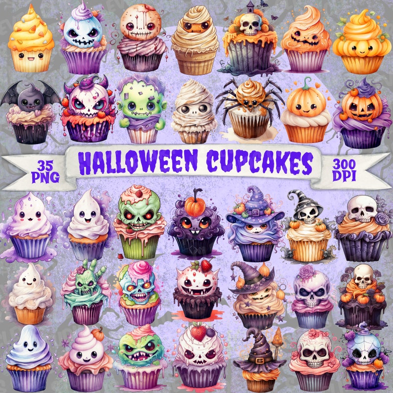 Spooky Cute Halloween Cupcakes Clipart PNG Bundle Cute Kawaii Halloween ...