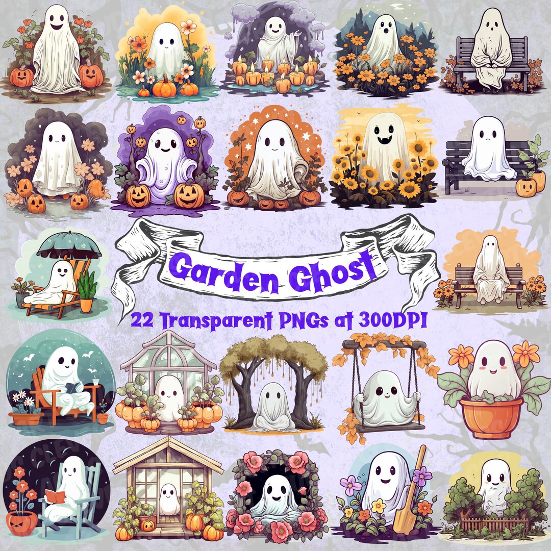 Halloween Garden Ghost Clipart Bundle Gardening Ghost Transparent PNG ...