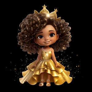 Cute Princess Clipart, Cute Afro Princess PNG Instant Download, Gold ...