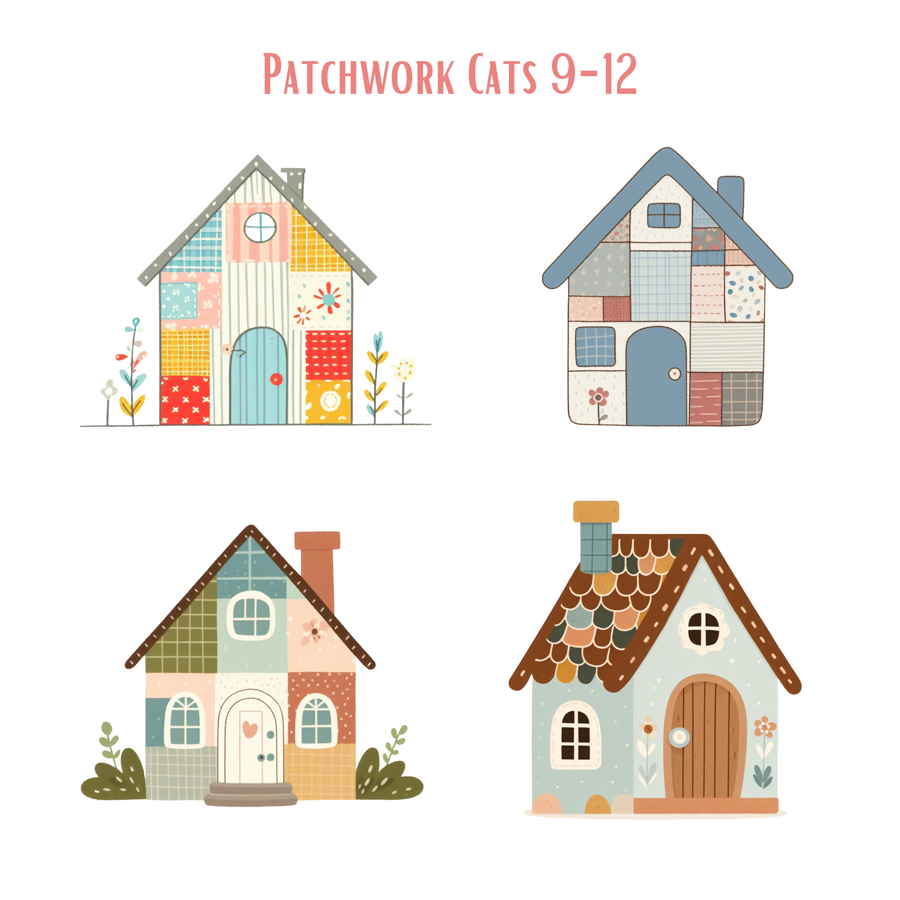 Cute House Clipart, Patchwork Cottages PNG, Transparent Digital ...