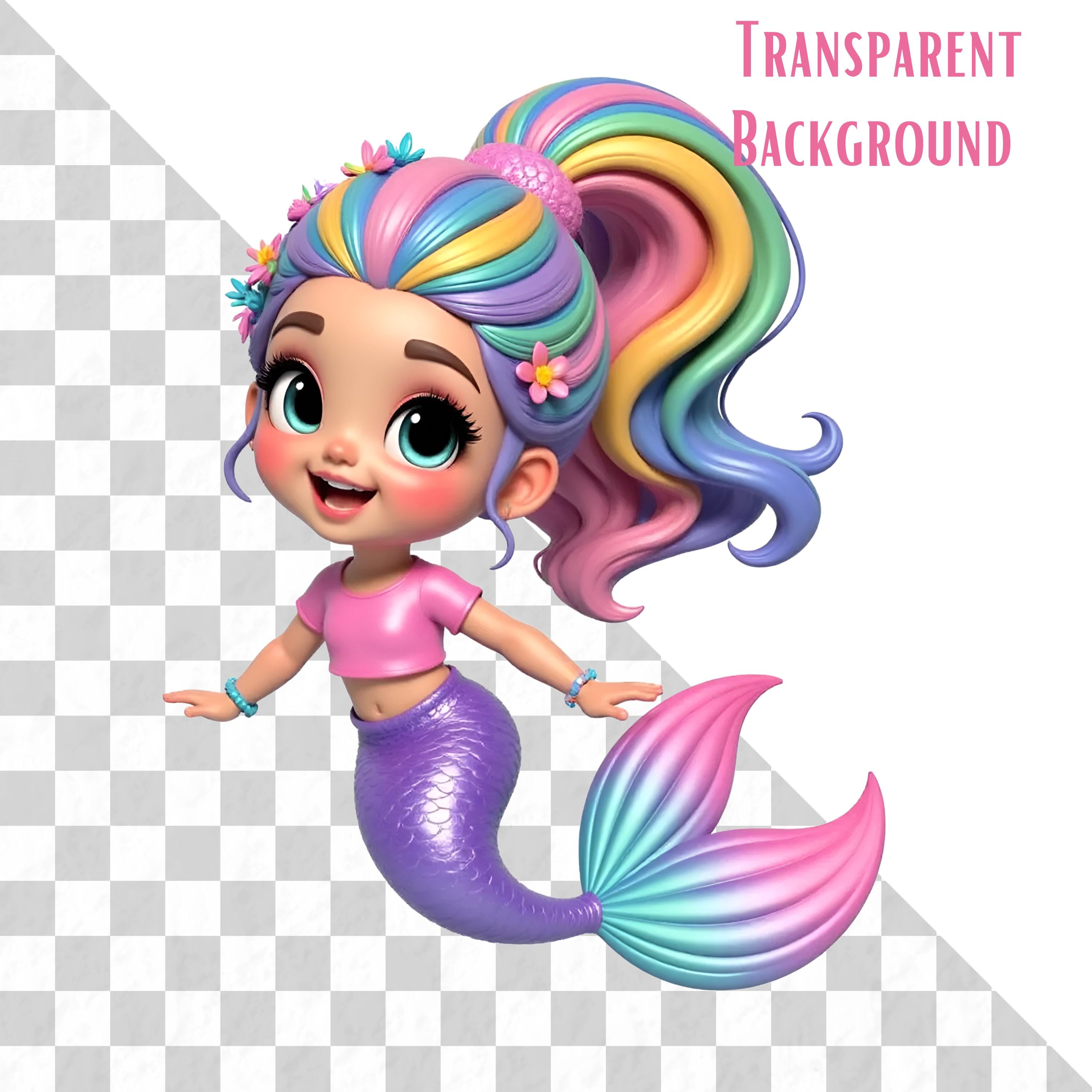 Mermaid Clipart, Rainbow Mermaid, Transparent Digital Download, Cute ...