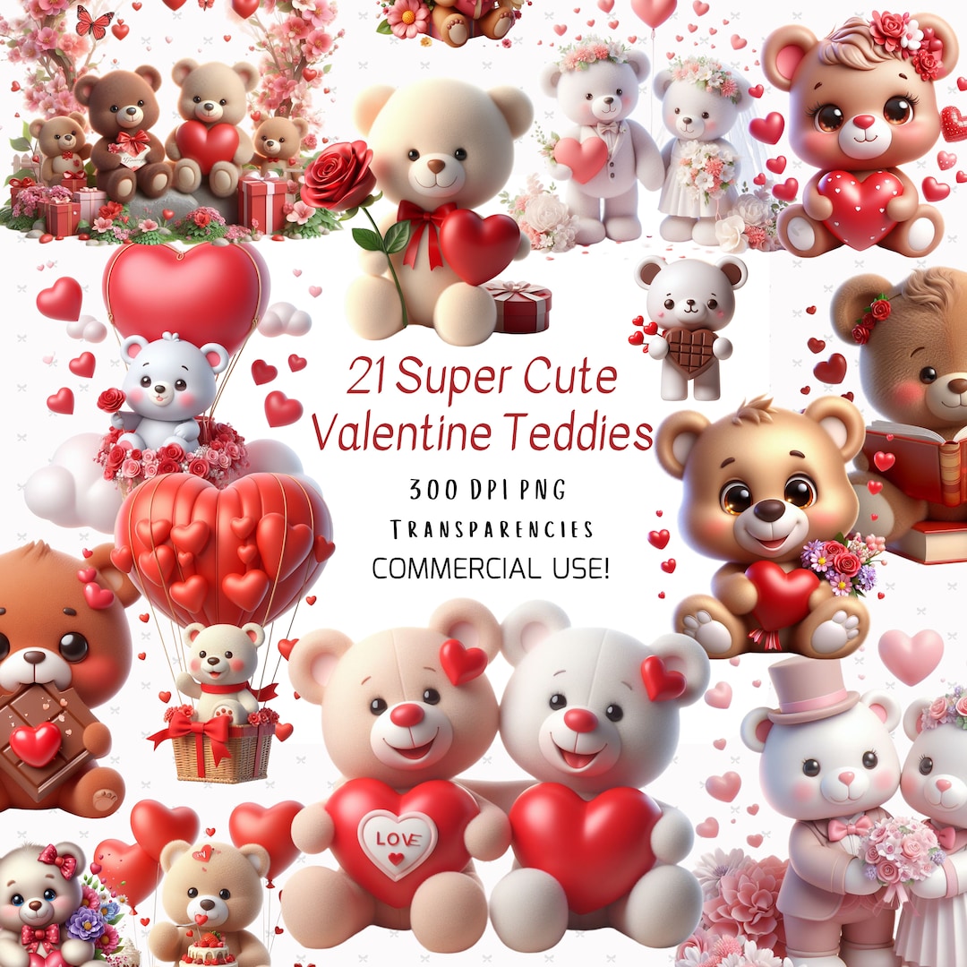 Valentines Day Clipart, Teddy Bear PNG Bundle, Transparent Images, Cute ...