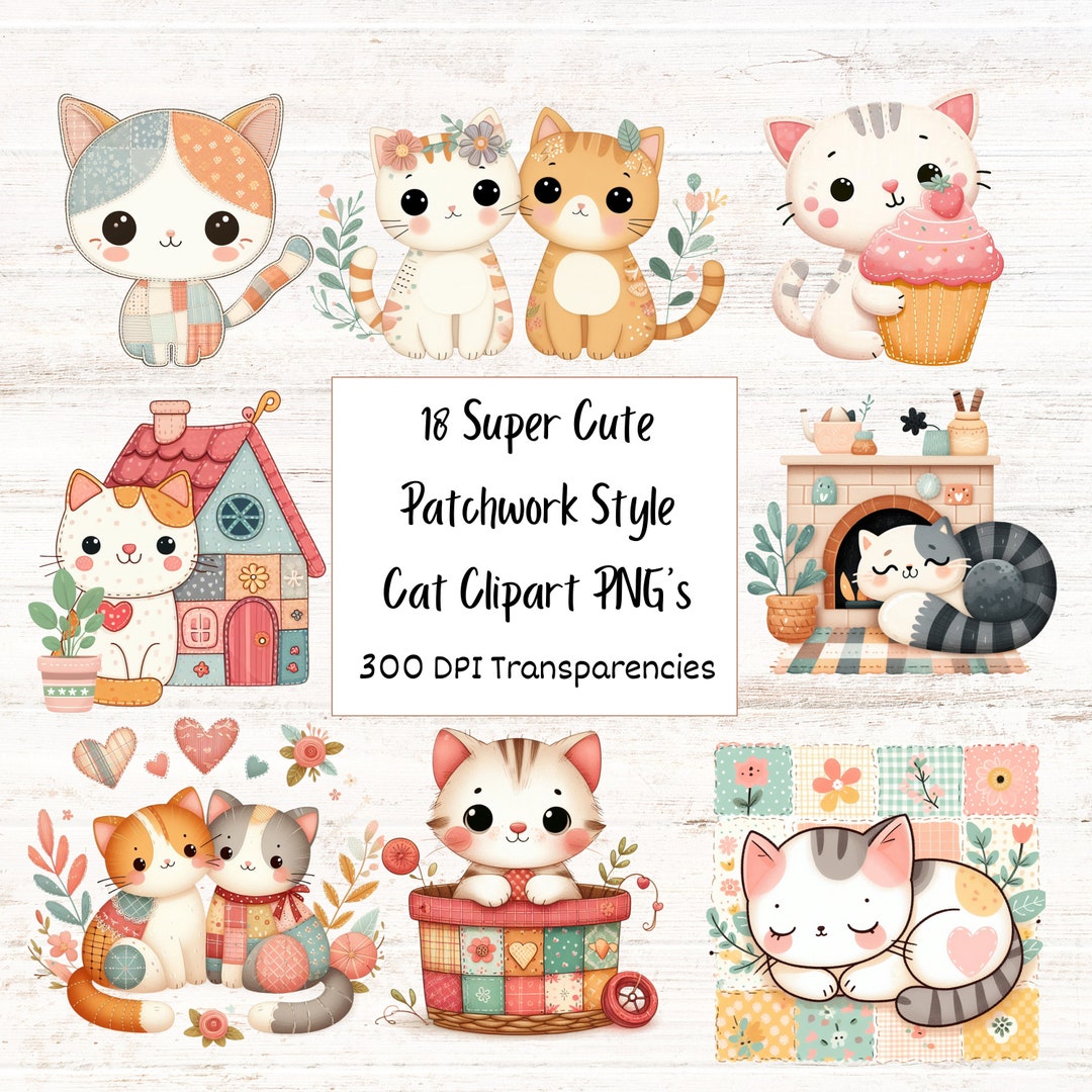 Cute Cat Clipart, Patchwork Cats PNG, Transparent Digital Download ...