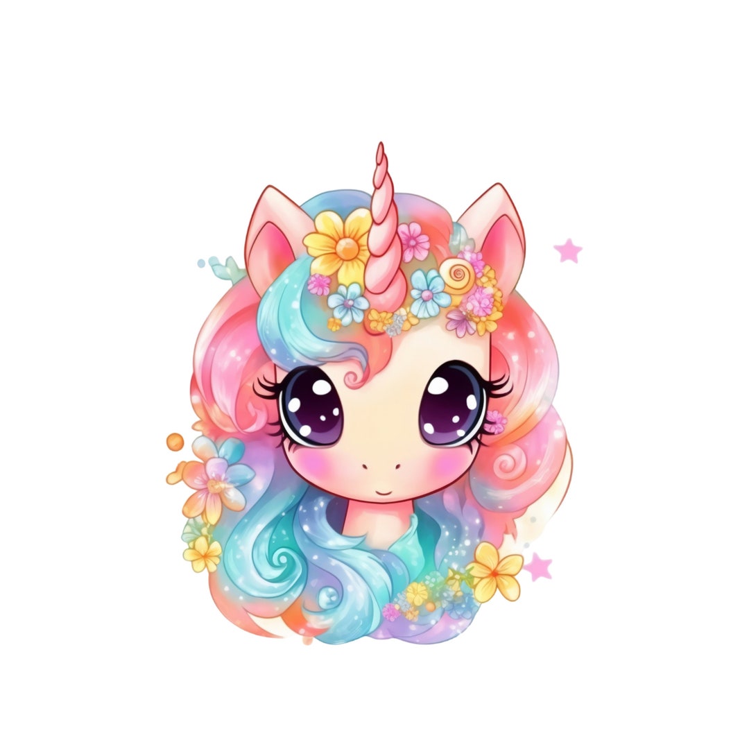 Cute Kawaii Unicorn Clipart, PNG and Jpeg Files, Pastel Rainbow Flowers ...