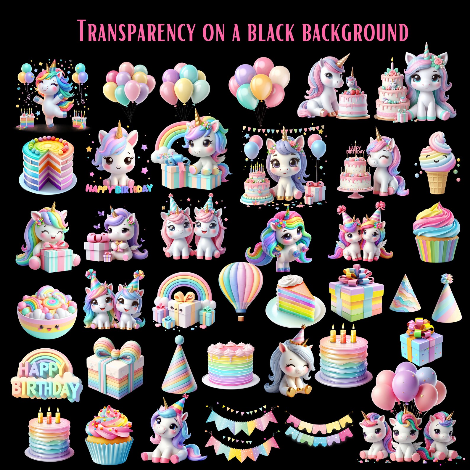 Unicorn Birthday Clipart Bundle, Large Unicorn PNG Birthday Bundle ...