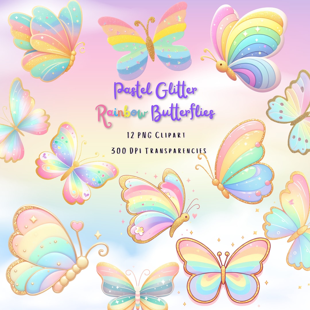 Cute Butterfly Clipart, Pastel Rainbow Butterfly PNG Bundle ...