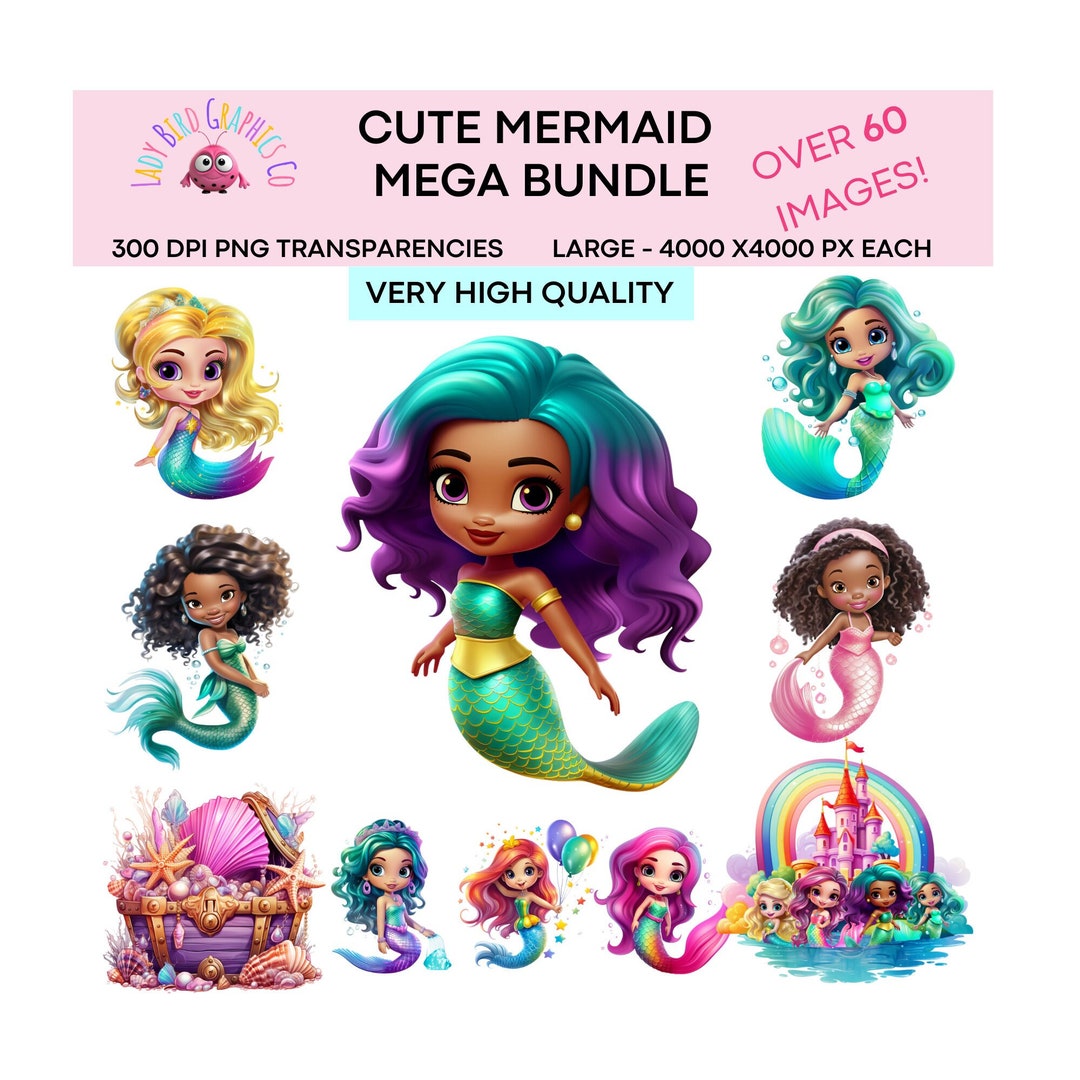 Cute Mermaids Clipart Bundle Large Bundle PNG Mermaid - Etsy
