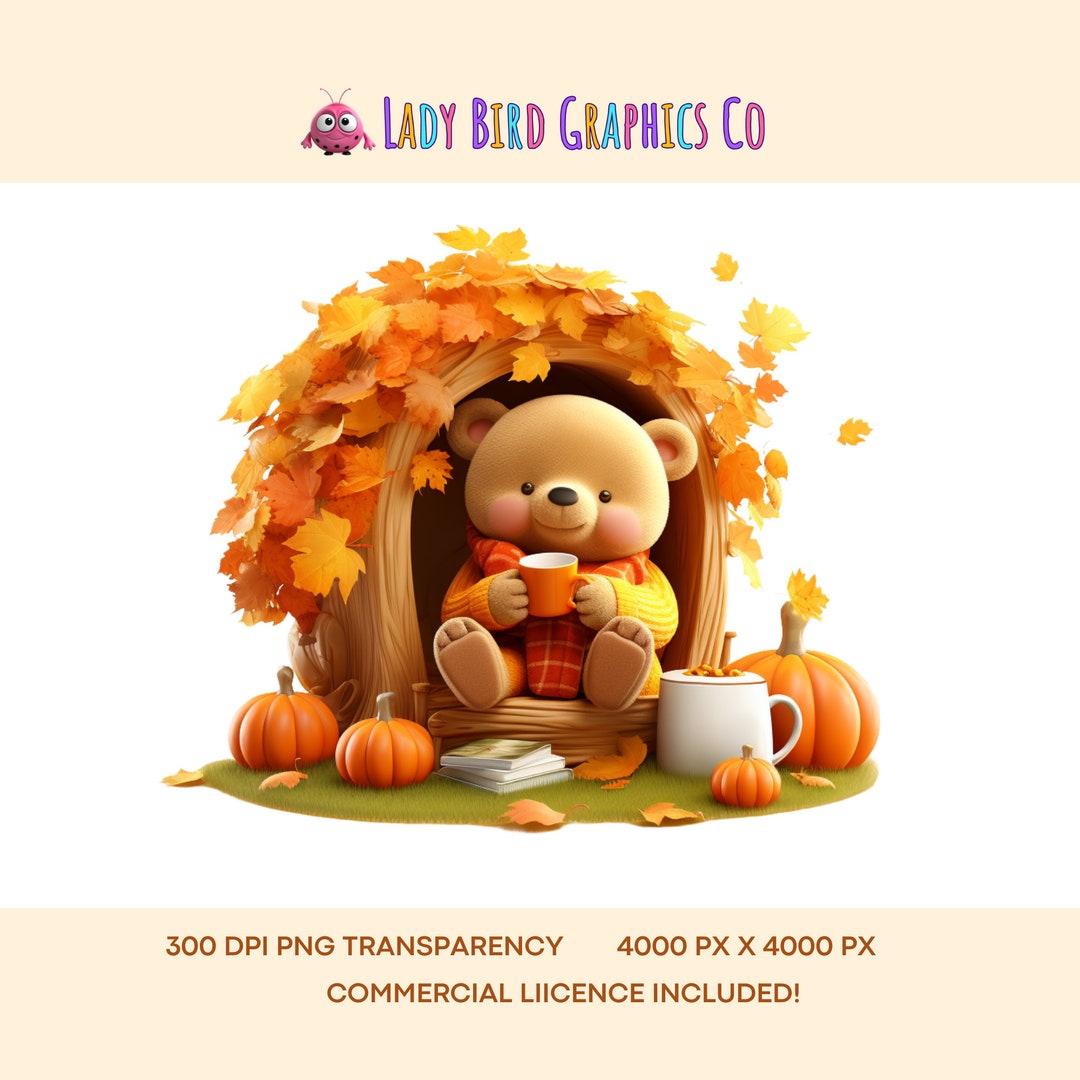 Cute Teddy Bear Clipart, Autumn Teddy Bear Clipart PNG Instant Download ...