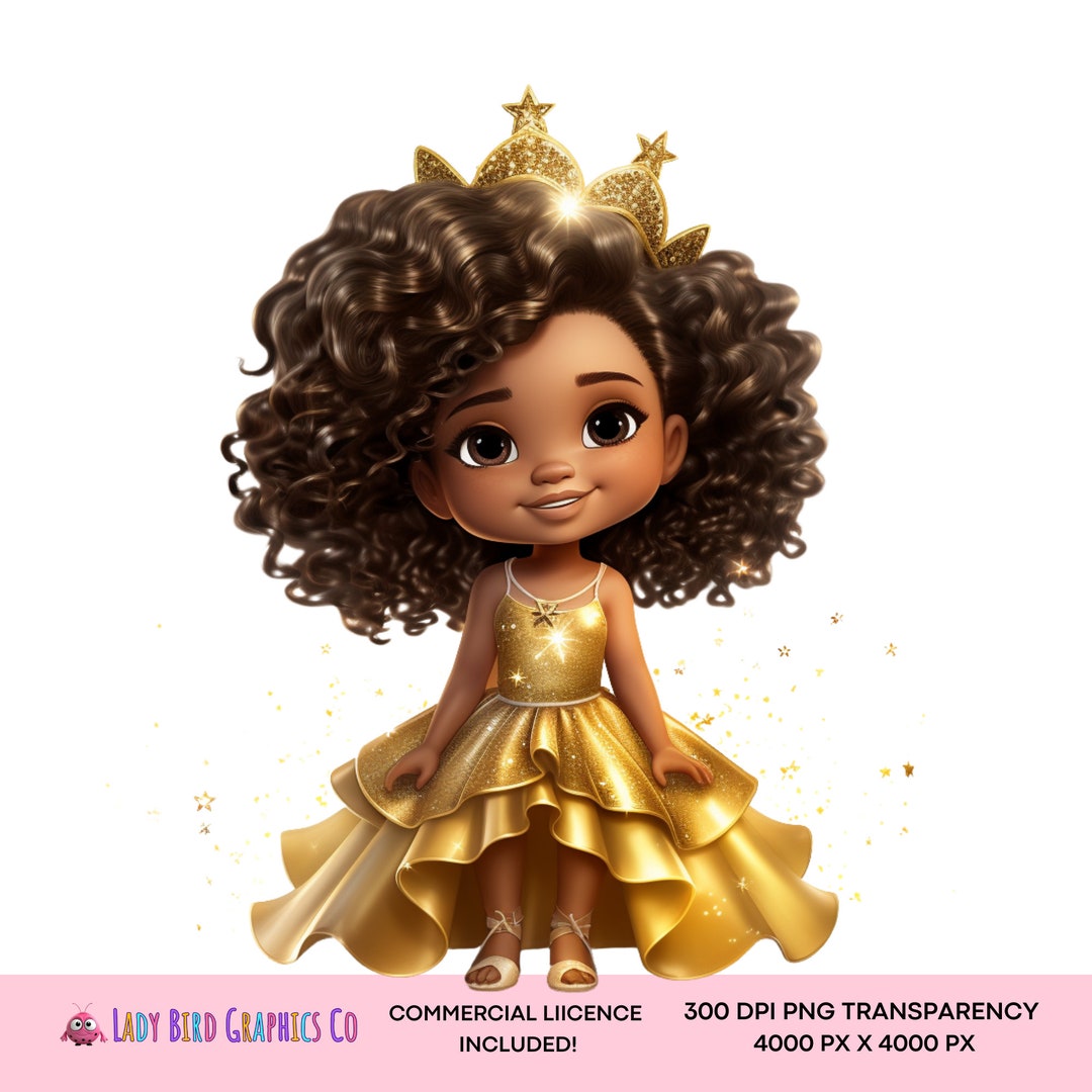 Cute Princess Clipart, Cute Afro Princess PNG Instant Download, Gold ...