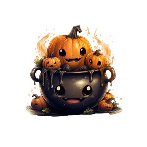 Cute Halloween Clipart, Halloween Cauldron and Pumpkins, Instant ...