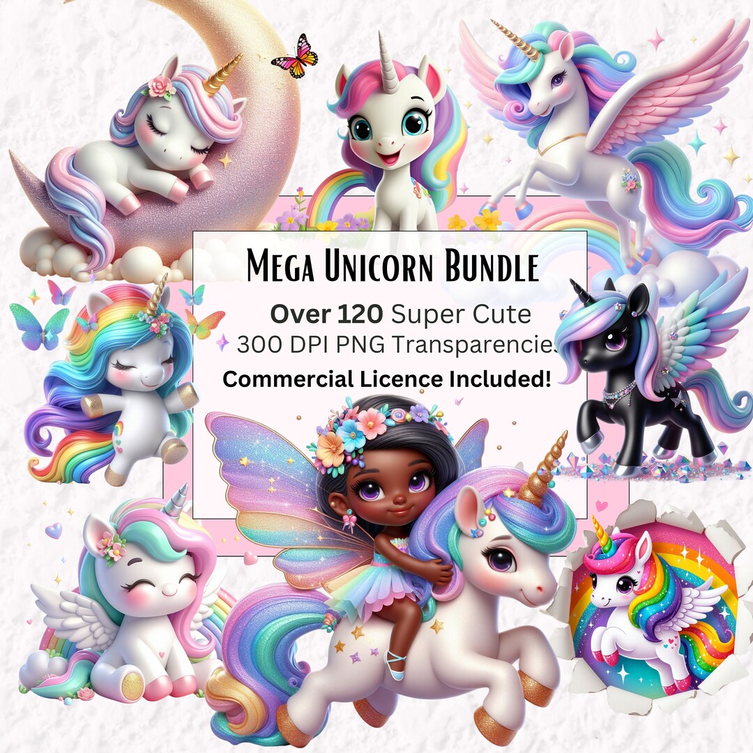 Unicorn Clipart Bundle, Cute Unicorn PNG Transparencies, Large Bundle ...