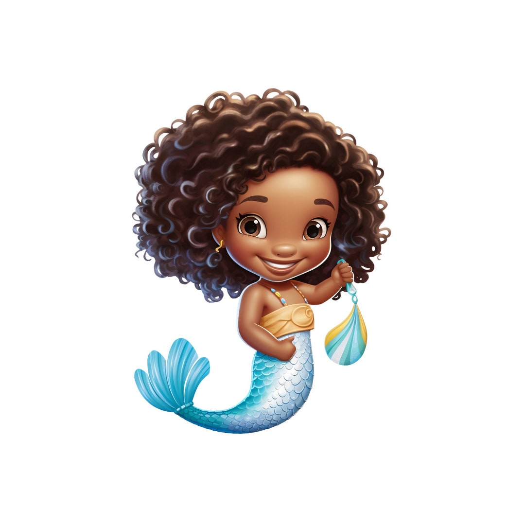 Cute Young Mermaid Illistration, African American Mermaid, Black ...