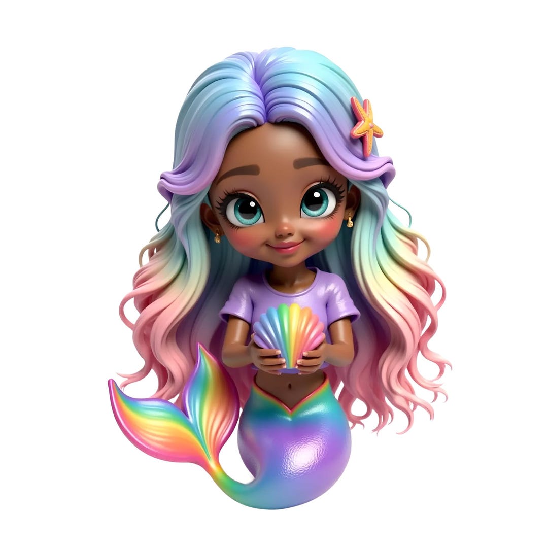 Rainbow Mermaid Clipart: African American Girl Illustration (PNG, JPEG ...