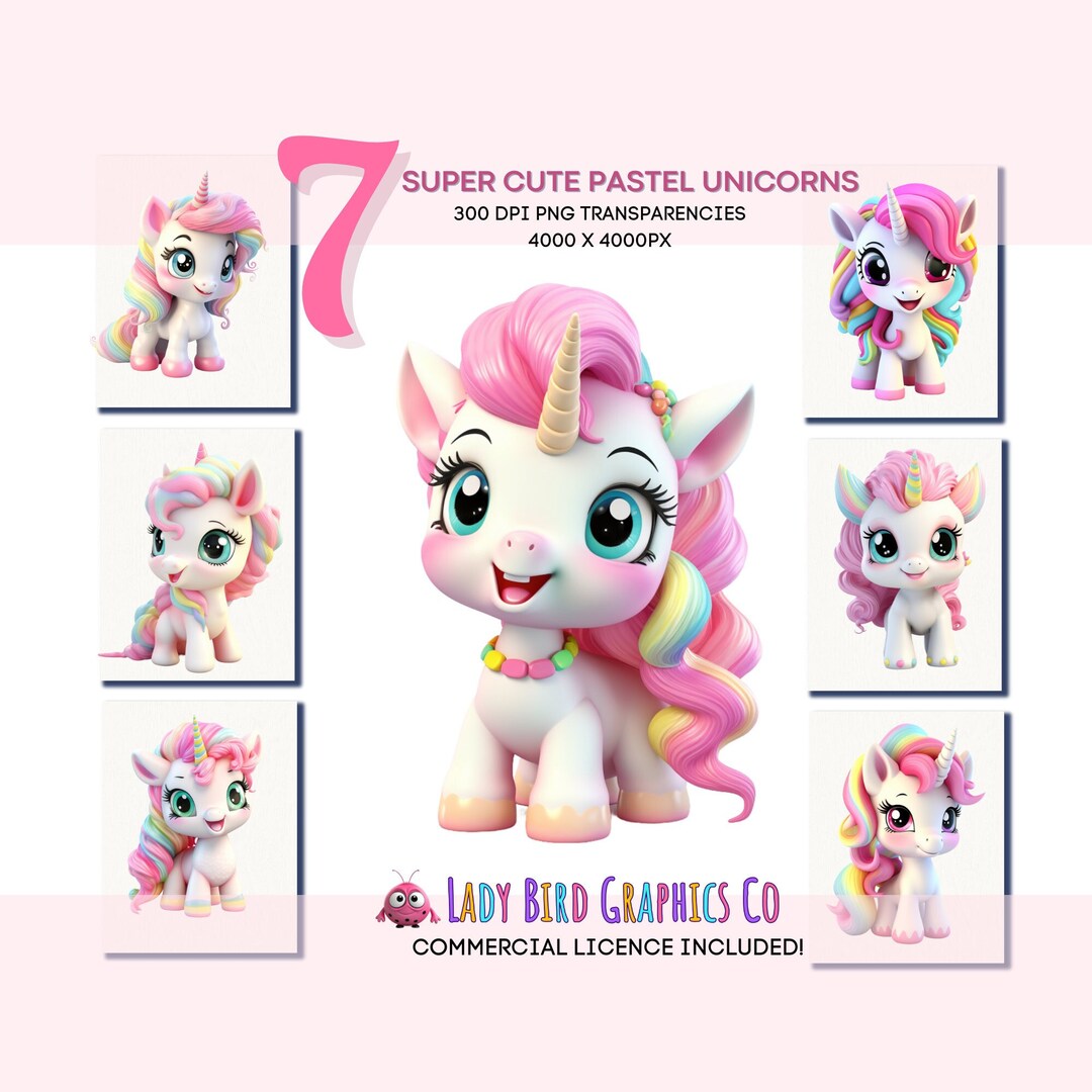 Cute Unicorn Clipart Bundle, Seven Pastel Unicorns PNG Bundle ...