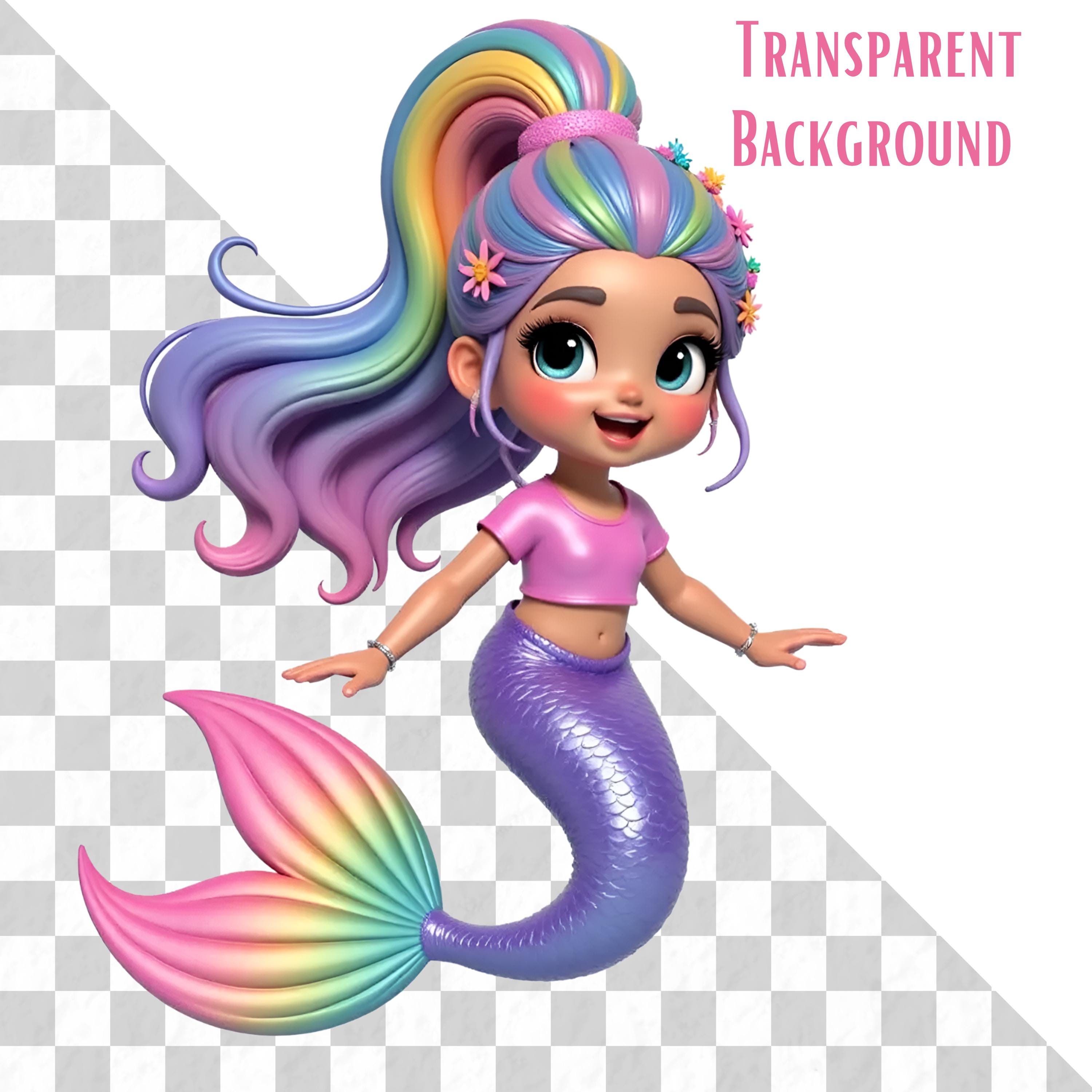 Mermaid Clipart, Rainbow Mermaid, Transparent Digital Download, Cute ...