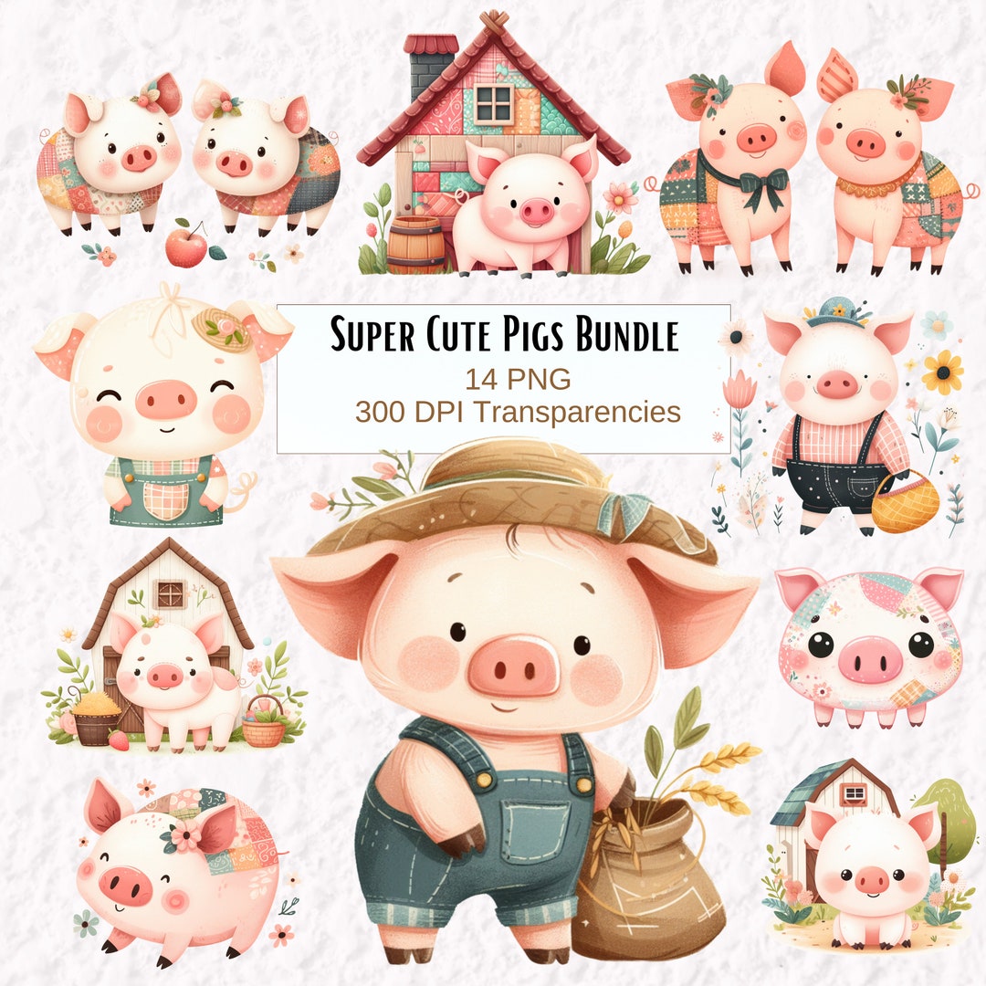 Cute Pigs Clipart, Patchwork Piglets PNG, Transparent Digital Download ...