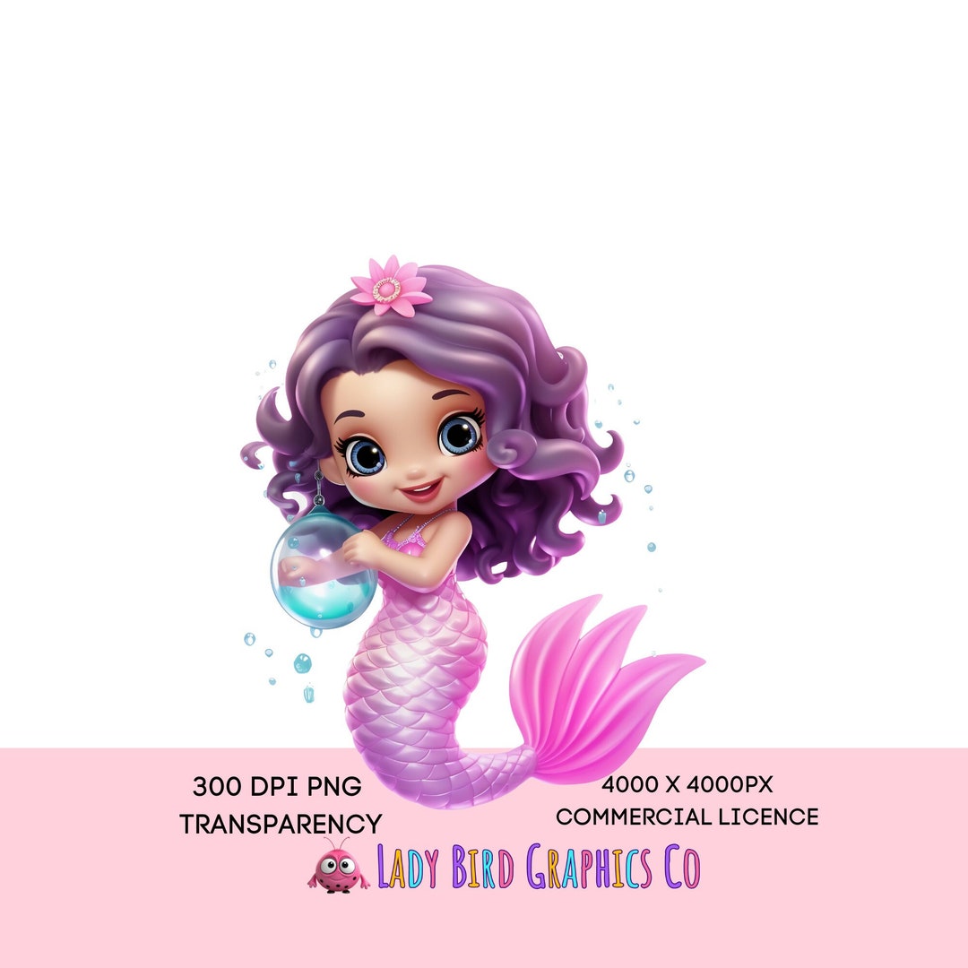 Cute Baby Mermaid Clipart, PNG and Jpeg Graphic, Cute Mermaid Design ...