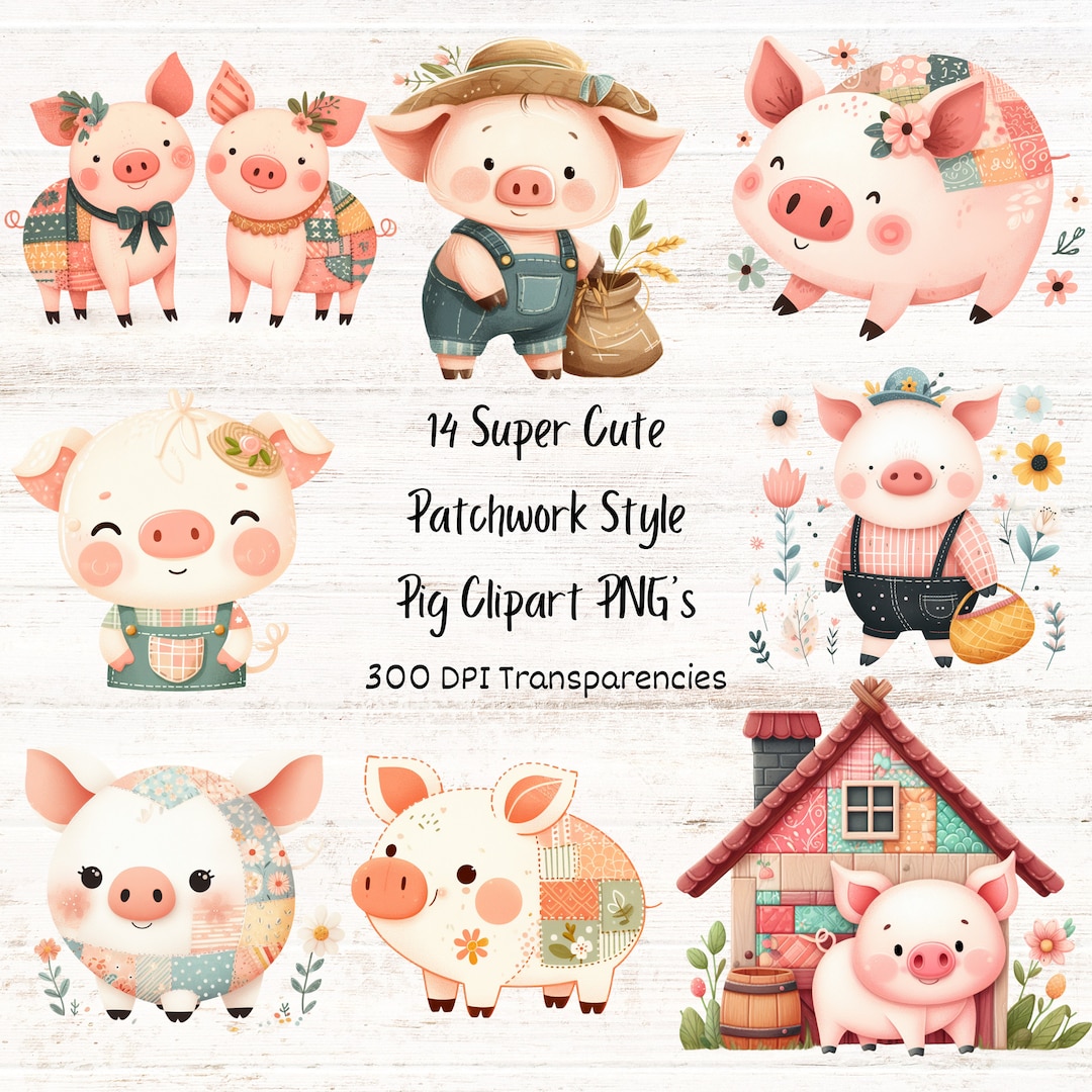 Cute Pigs Clipart Patchwork Piglets PNG Transparent Digital - Etsy