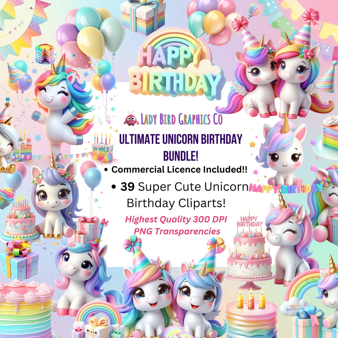 Unicorn Birthday Clipart Bundle, Large Unicorn PNG Birthday Bundle ...