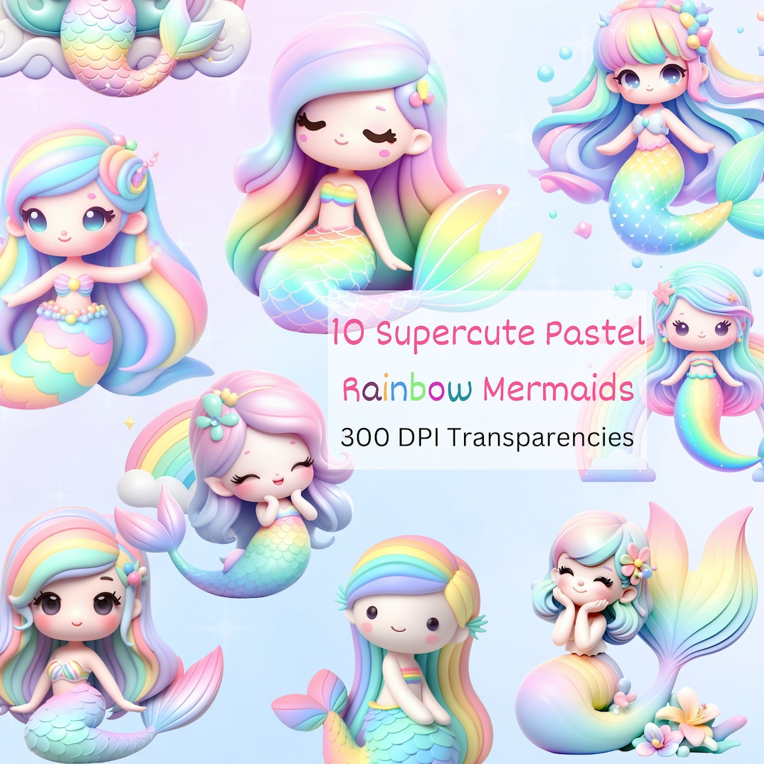 Cute Mermaid Clipart, Pastel Mermaid PNG Bundle, Transparent Images ...
