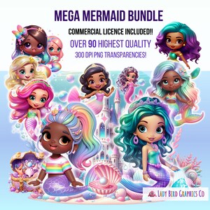 Cute Mermaids Clipart Bundle, Large Mermaid PNG Bundle Transparencies ...