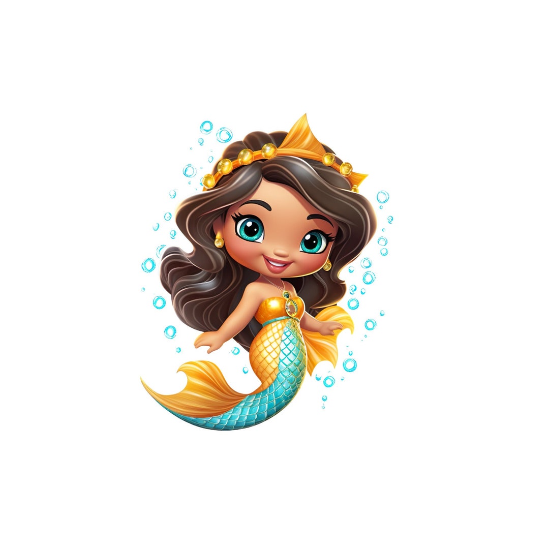 Mermaid Clipart, Cute Gold and Aqua Mermaid , Mermaid PNG Graphic, Cute ...