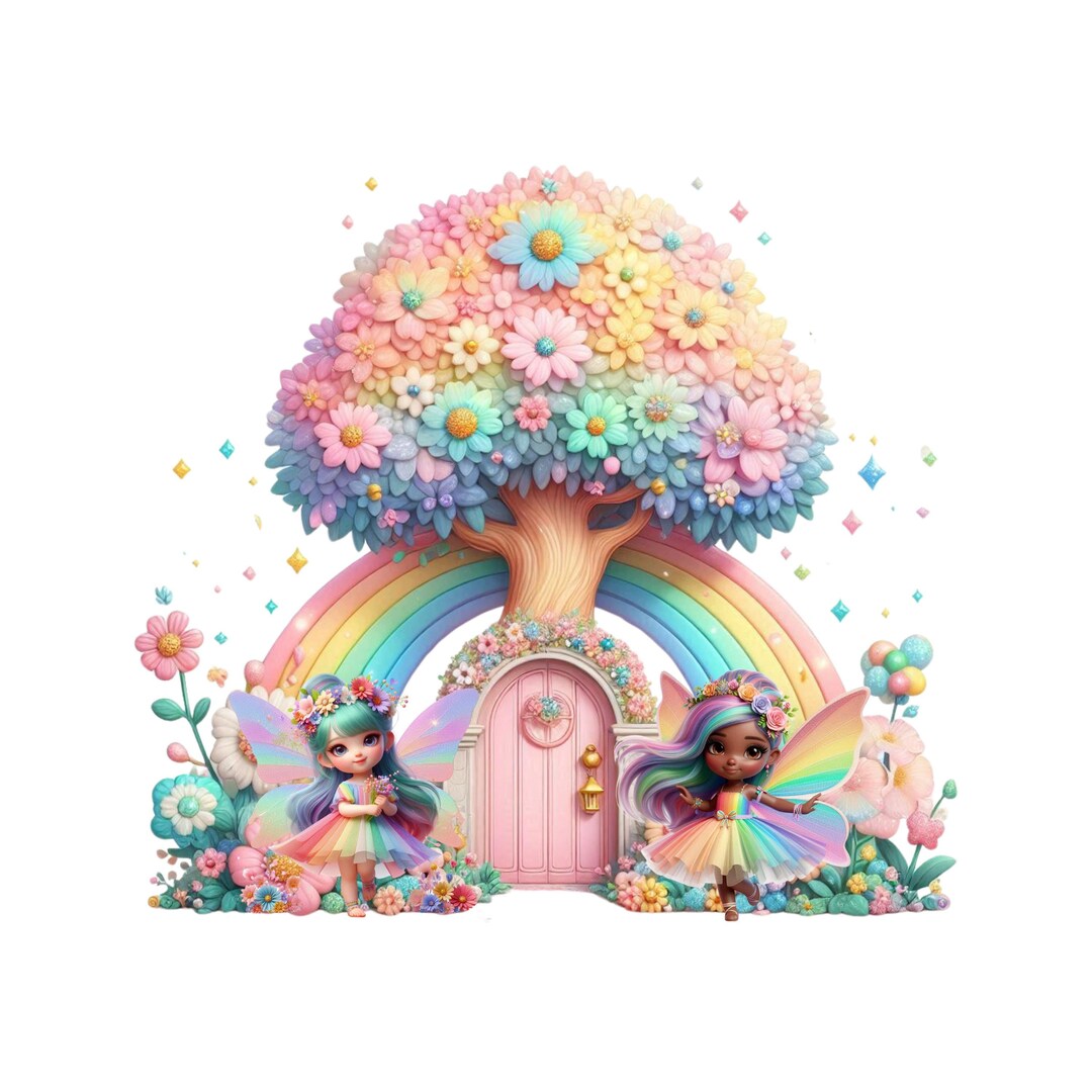 Fairy Tree, Cute Rainbow Fairy Door Clipart, Fairy Tale Tree Instant ...