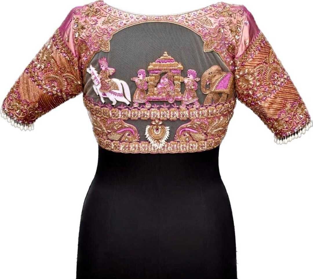MEGENTA Pink Bridal Maggam BLOUSE With Bride, Groom & Chariot on Pure ...