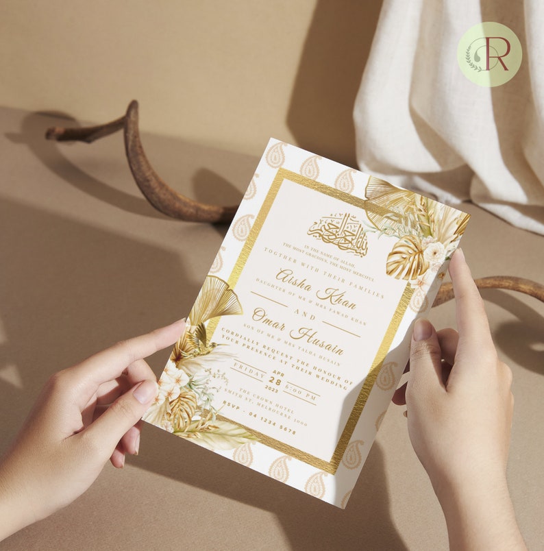 Cream Gold Islamic Wedding Invitation | Editable Nikah Evite Canva ...