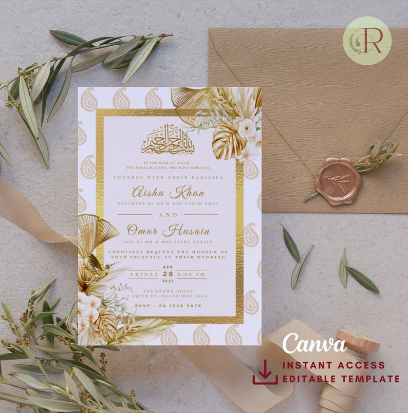Cream Gold Islamic Wedding Invitation | Editable Nikah Evite Canva ...