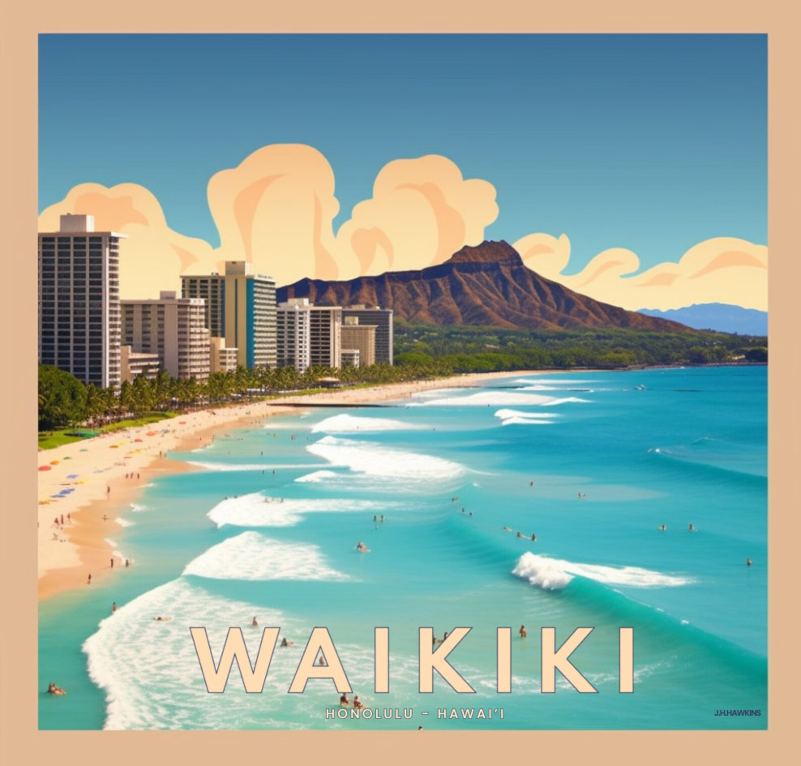 Art Deco Digital Print - Waikiki Honolulu, Oahu, Hawaii Inspired Travel ...