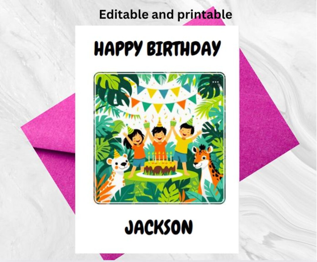 Jungle Birthday Card | Editable Printable Kids Jungle Theme Card ...