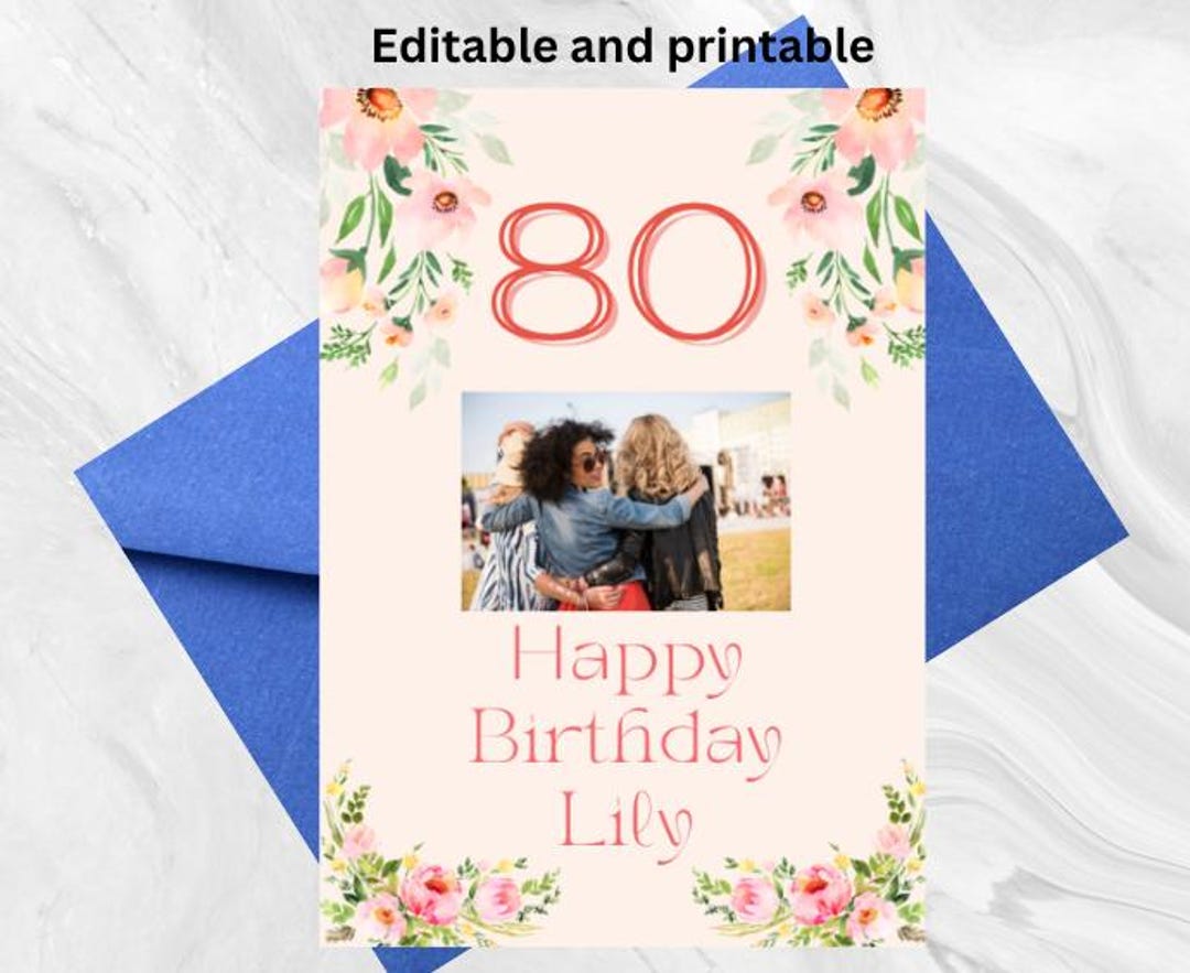 Editable 80th Birthday Card With Photo - Digital Download, Printable or ...