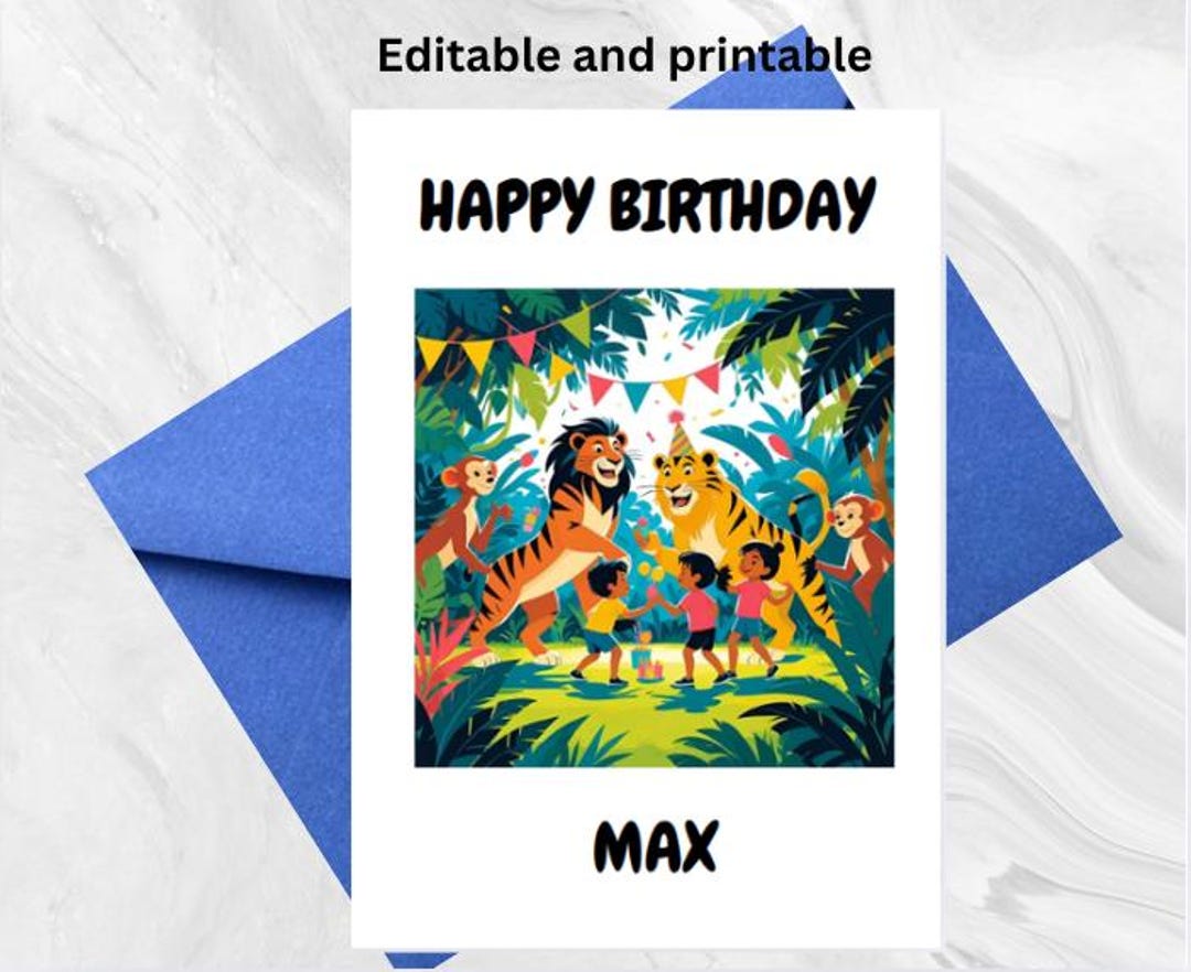 Jungle Birthday Card | Editable Printable Kids Jungle Theme Card ...