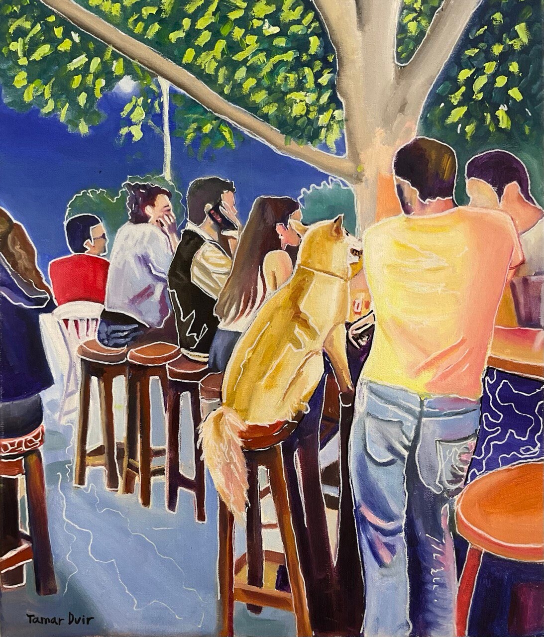 Original Painting. Oil Painting. Original Group of People Sitting at Bar, Guys and Girls ...
