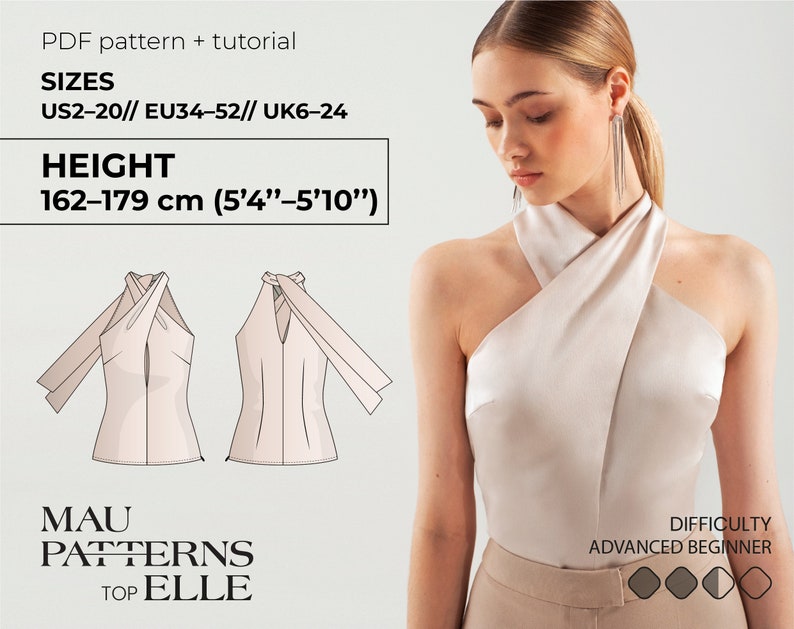 Elle Cross Over Halter Neck Top Sewing Pattern in Pdf Format - Etsy Norway