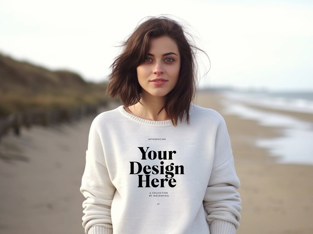 Gildan 18000 Mockups White Oversized Best Female Smiling Facing Fit ...