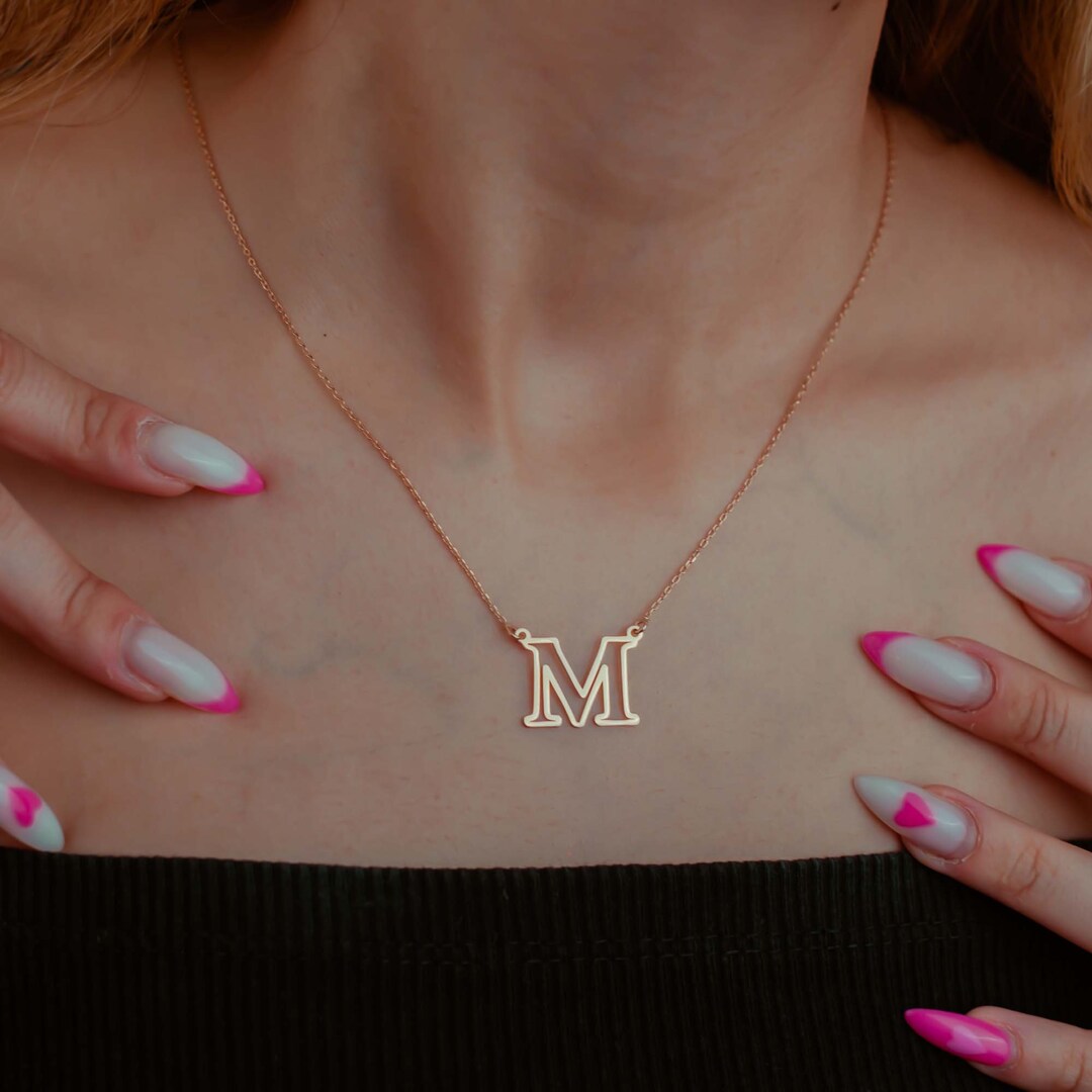 14K Solid Gold Necklace Initial Letter Necklace Big Letter - Etsy