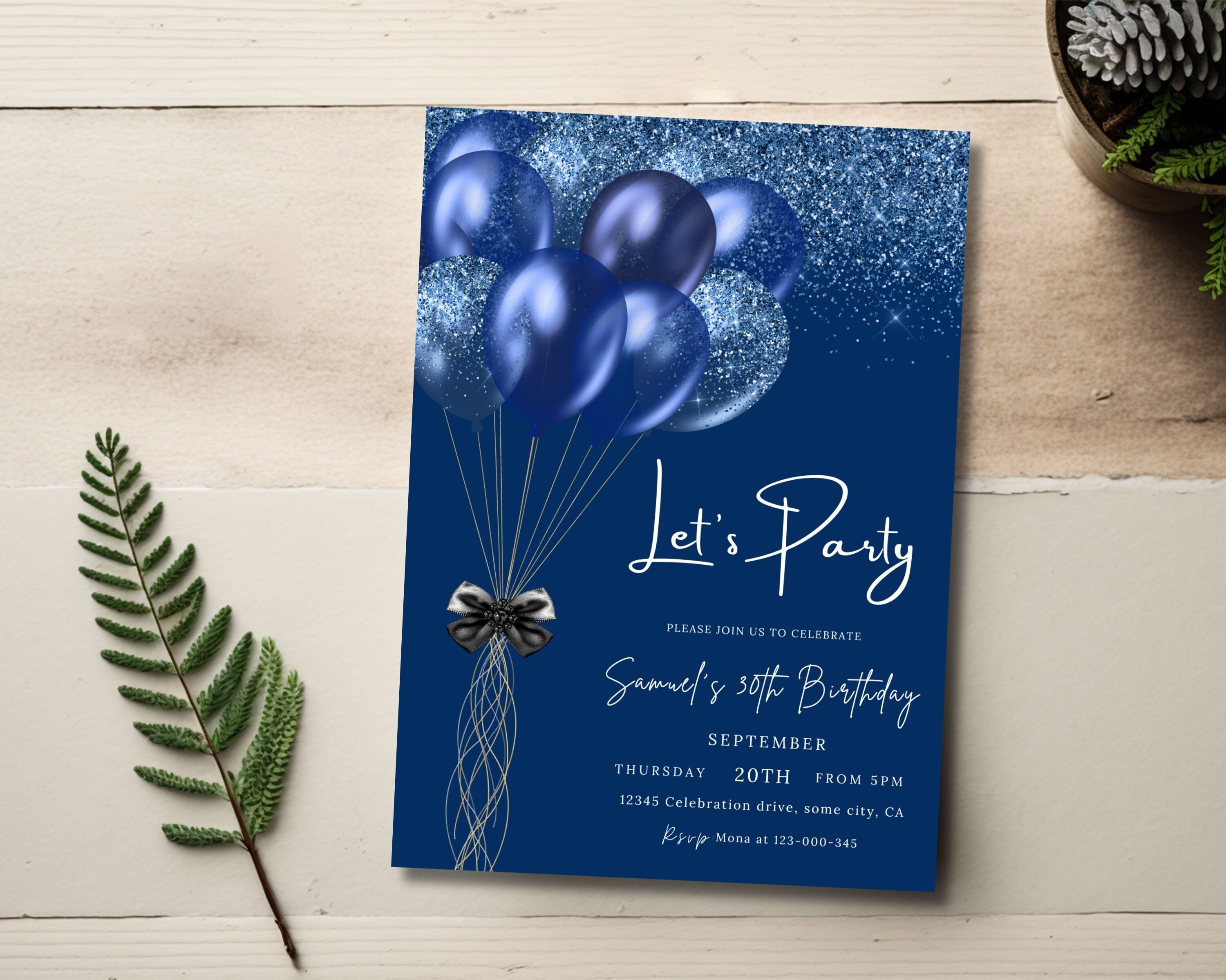 Editable Birthday Invitation for Men, Navy Blue Balloon Invite, 30th ...