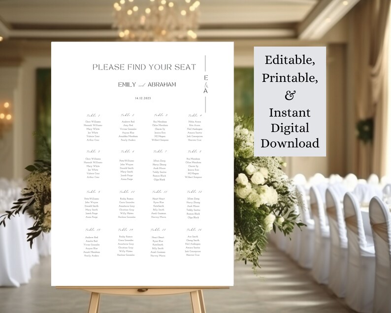 Wedding Seating Chart Template Printable, Monogram Modern Wedding ...