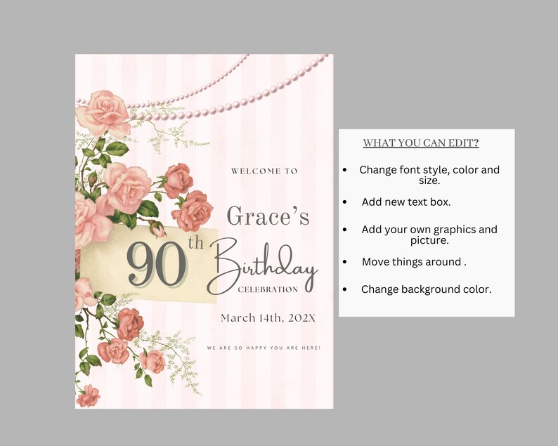 90th Birthday Welcome Sign Template, Pink Roses & Pearls Welcome Banner ...
