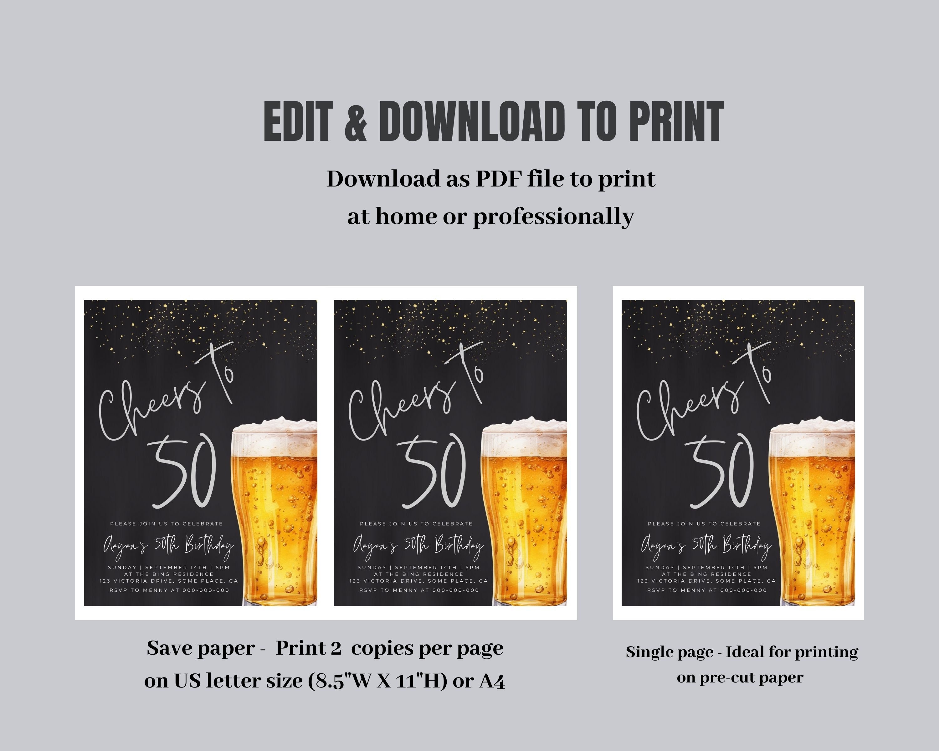 Editable Birthday Invitation for Him, Cheers & Beers, 30th 40th 50th ...