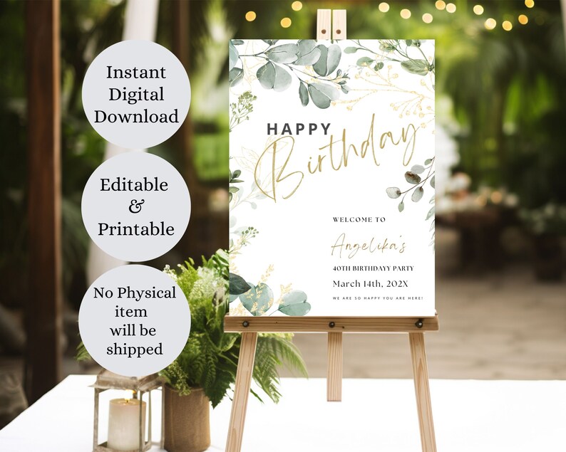 Happy Birthday Welcome Sign Template, Greenery & Gold, 50th 60th 80th ...