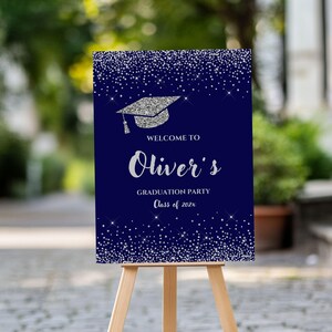 Graduation Sign, Blue & Silver Graduation Party Banner Editable and ...